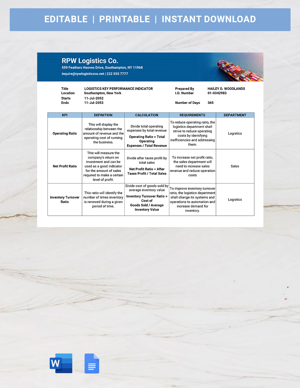Logistics KPI Template - Google Docs, Word | Template.net