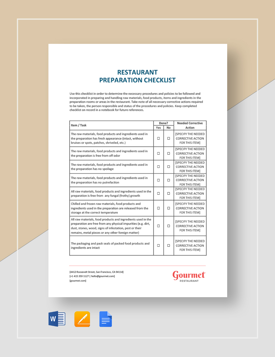 Restaurant Preparation Checklist Template - Google Docs, Word, Apple ...
