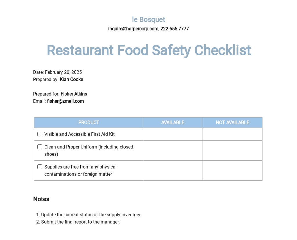 Food Handling Checklist