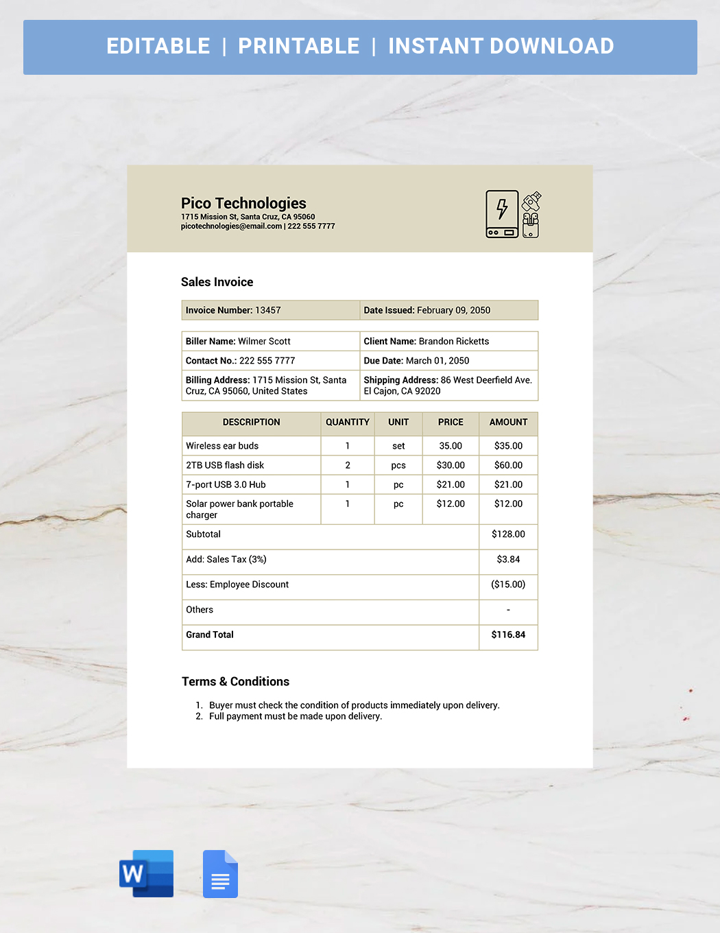 Cash Invoice Template - Google Docs, Google Sheets, Excel, Word, Apple ...