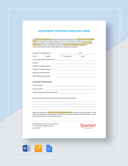 FREE HR Employee Complaint/ Concern Form Template - PDF | Word (DOC ...
