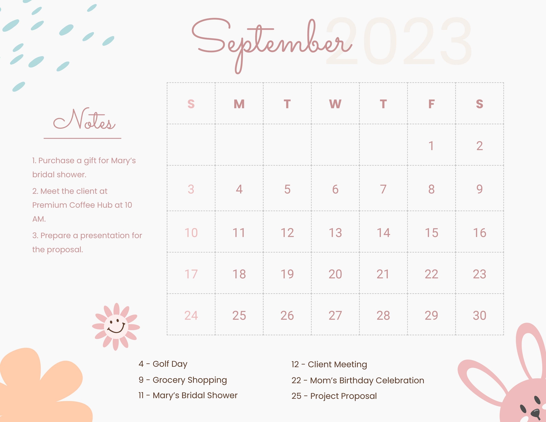 Cute September 2023 Calendar Template EPS Google Docs Google Sheets 