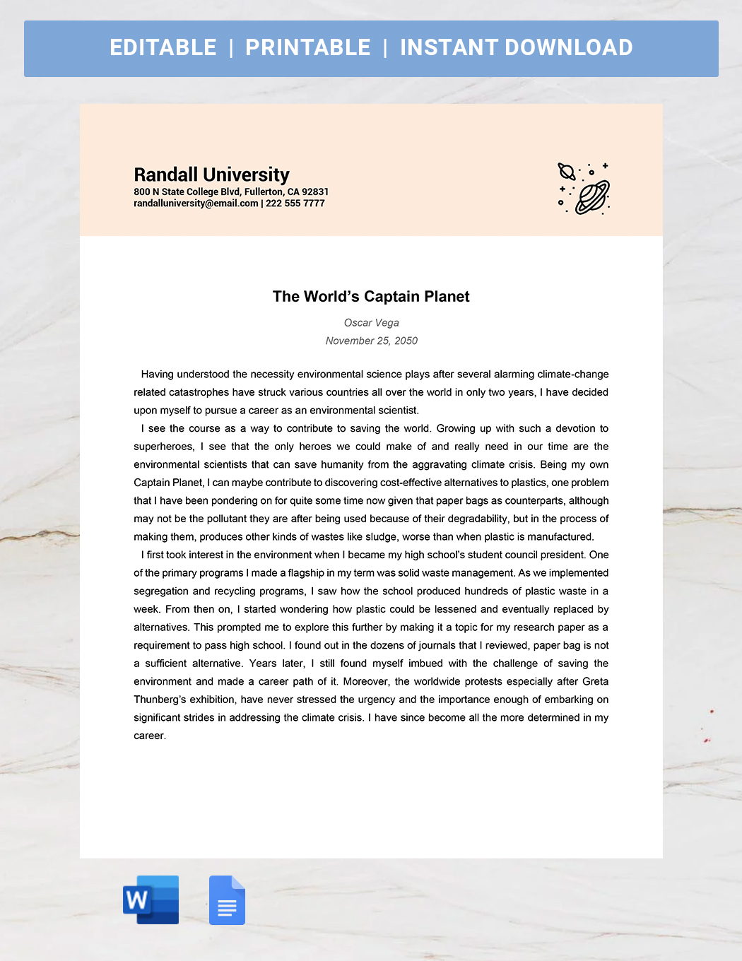 Scholarship Self Introduction Essay Google Docs Word Template