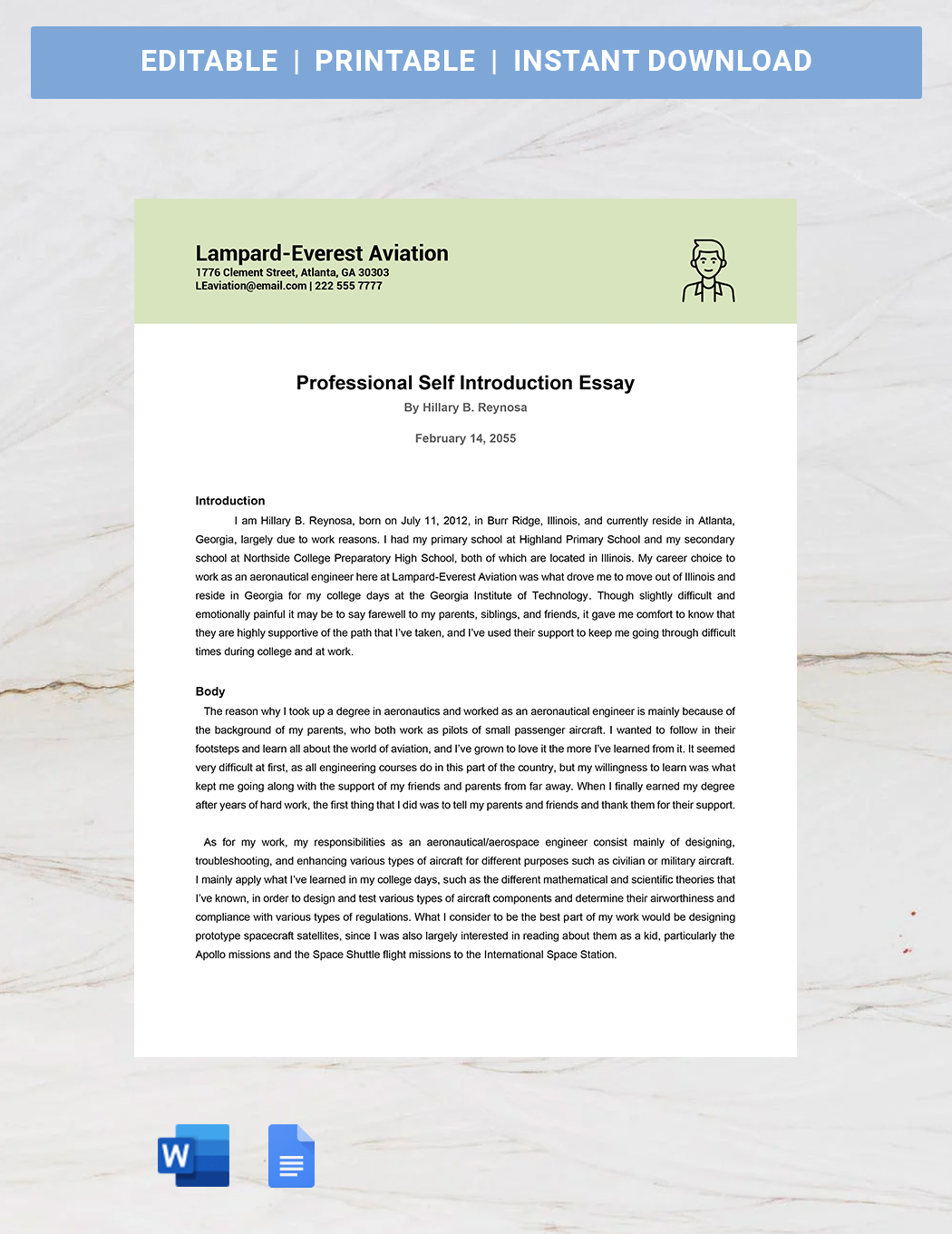 Professional Self Introduction Essay Template Google Docs Word