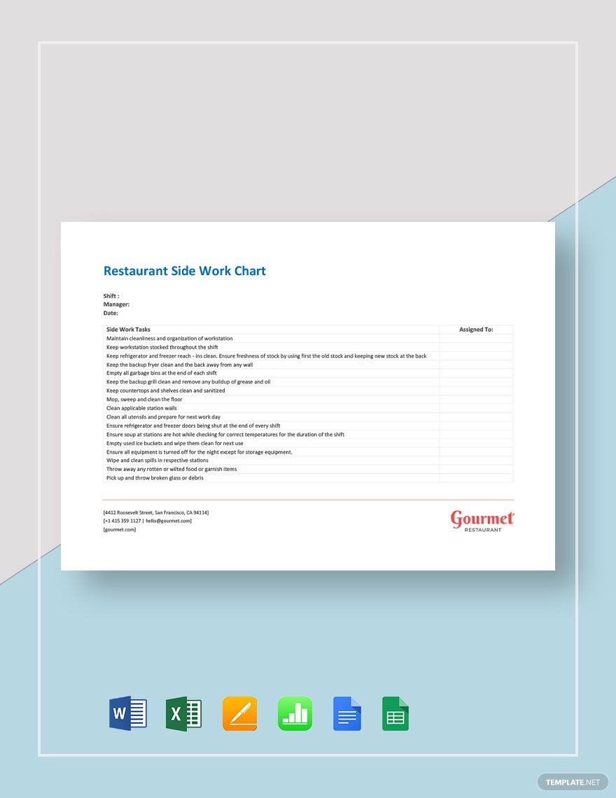 Restaurant Side Work Chart Template Google Docs Google Sheets Excel 