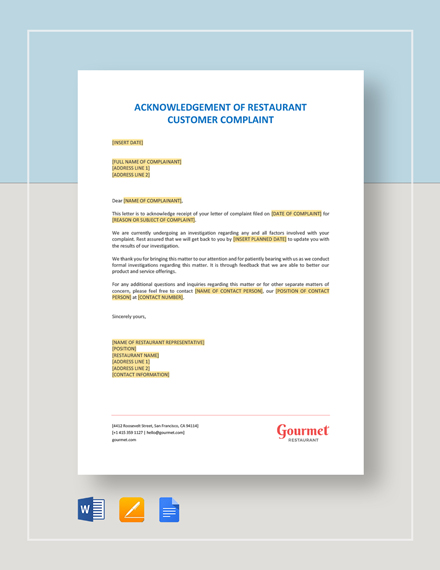 Free Acknowledgement of Restaurant Customer Complaint Template