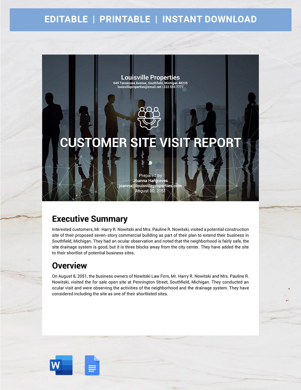 Customer Site Visit Report Template Google Docs Word Template