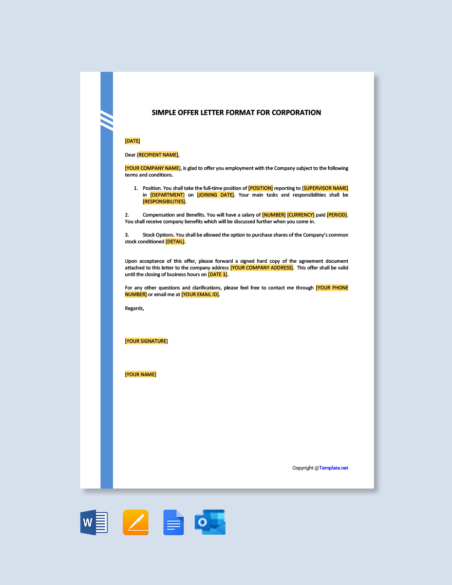 Free Simple Offer Letter Format For Corporation Template In Microsoft 
