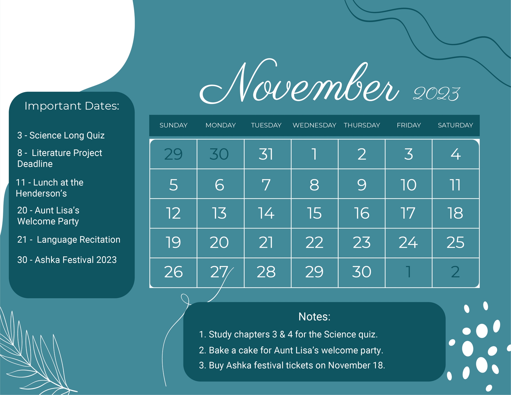 Calligraphy November 2023 Calendar In EPS Illustrator JPG Word SVG