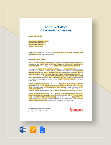 Free Announcement of Restaurant Merger Template