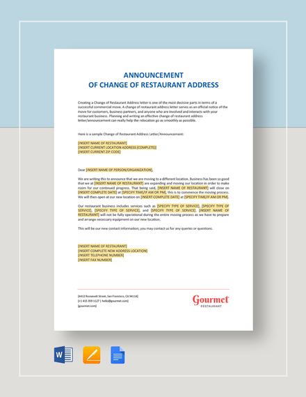Announcement of Change of Restaurant Address Template
