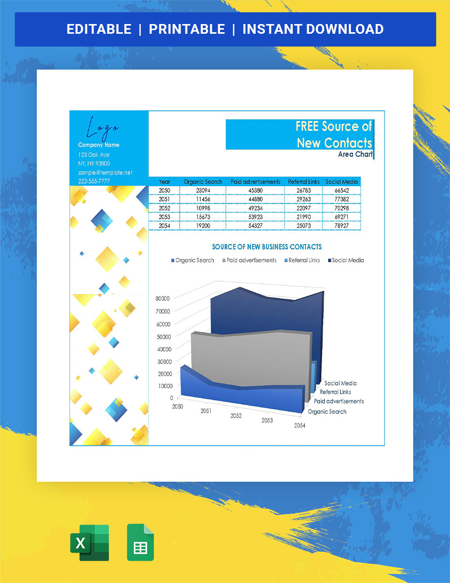 Free Free Source of New Contacts Area Chart - Google Sheets, Excel ...
