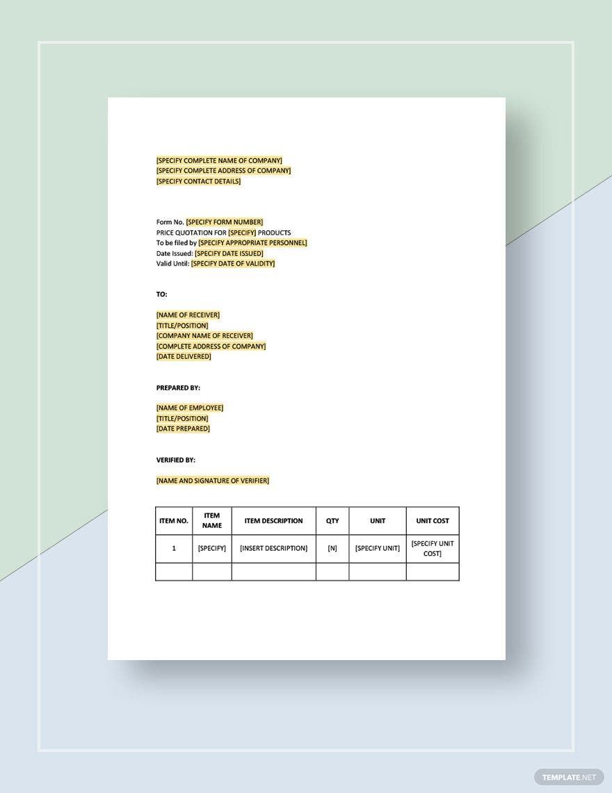 Price Quote Template - Google Docs, Word, Apple Pages | Template.net