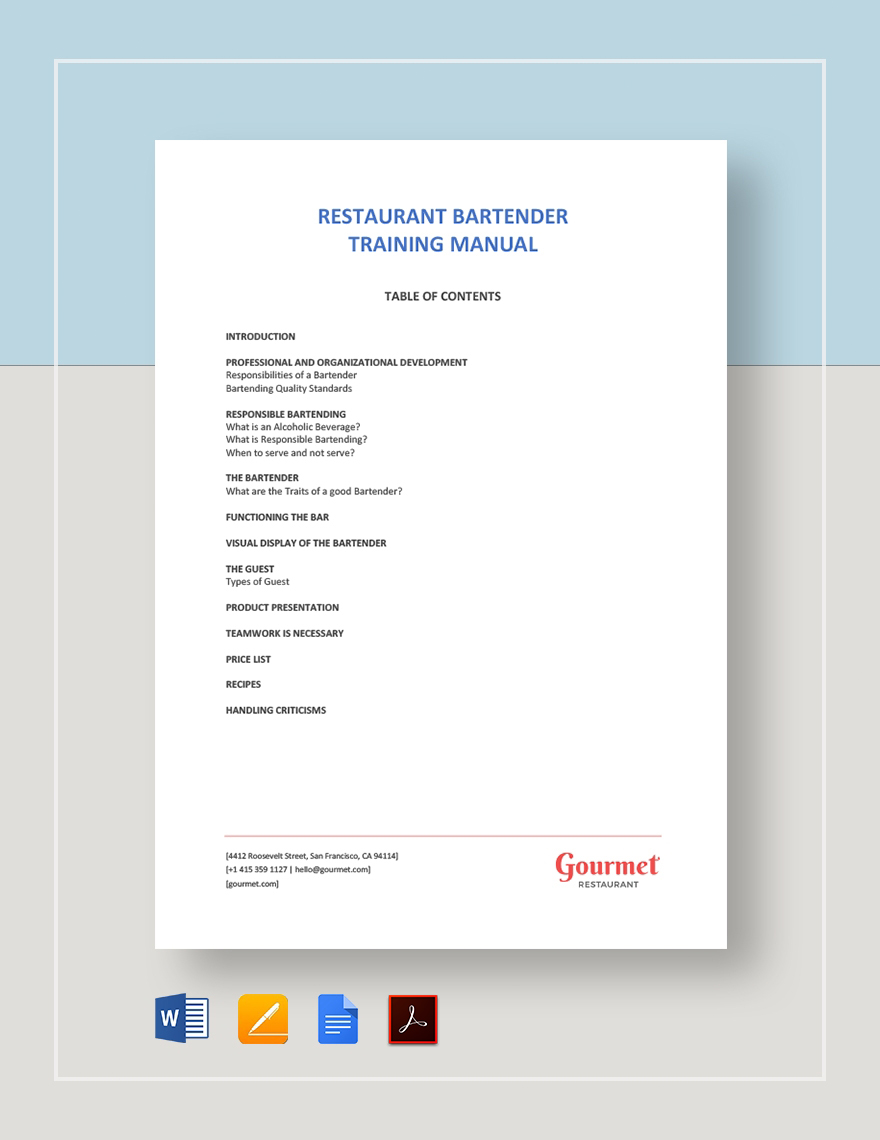 Bartender Training Manual Template Word Google Docs PDF Apple 