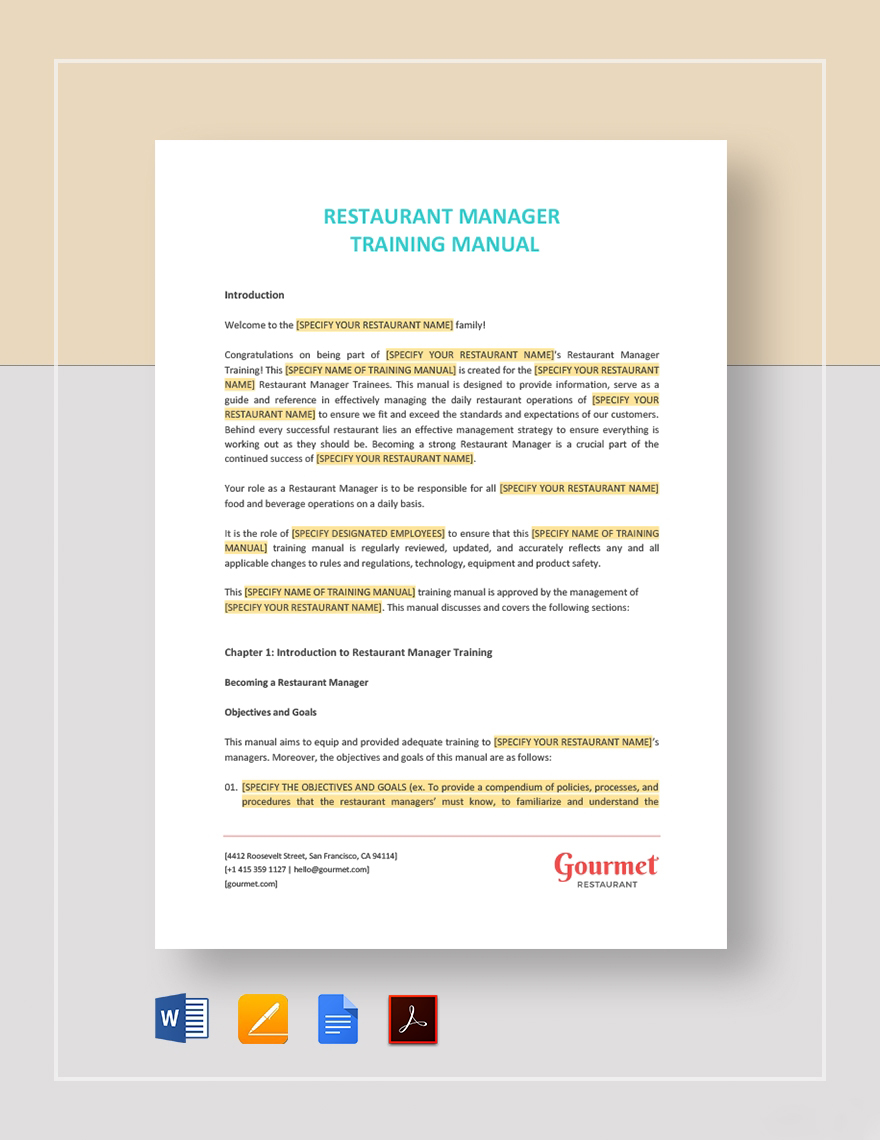 Restaurant Manager Training Manual Template Google Docs Word Apple Pages PDF Template