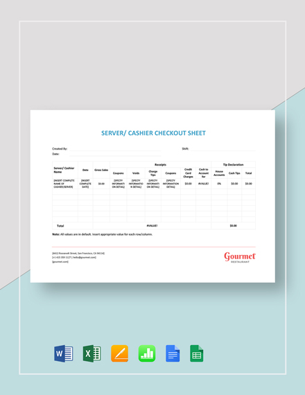 Free Server/Cashier Checkout Sheet Template