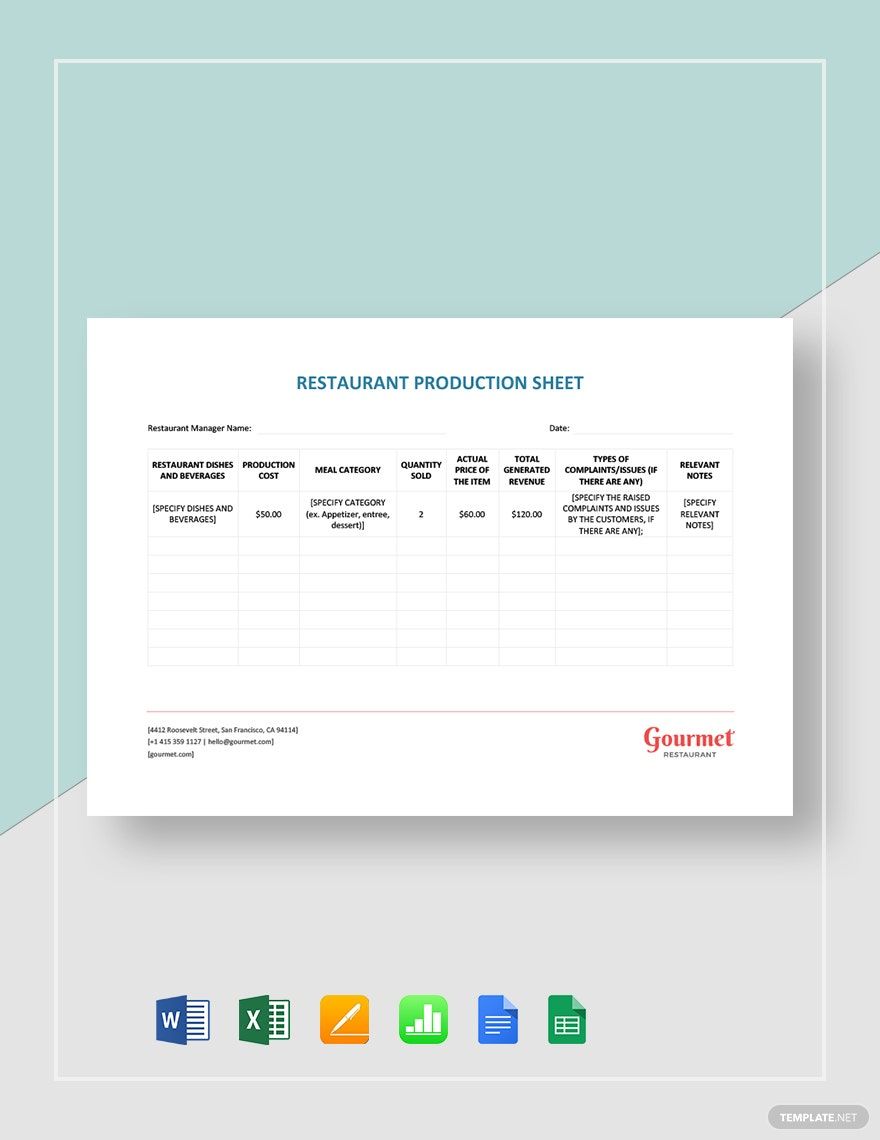 Restaurant Production Sheet Template Google Docs Google Sheets 