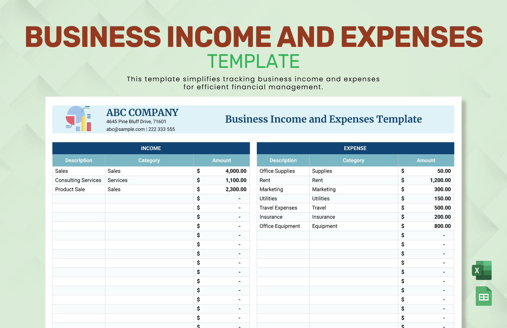 Business Income & Expenses Worksheet Template in Google Docs, Apple ...
