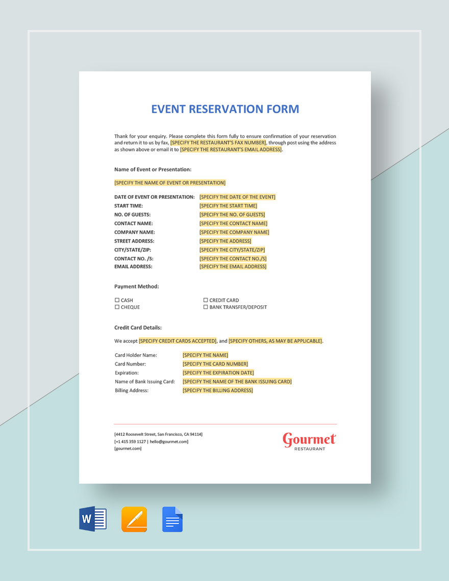 Reservation Form Template Download In Word Google Docs PDF Apple 