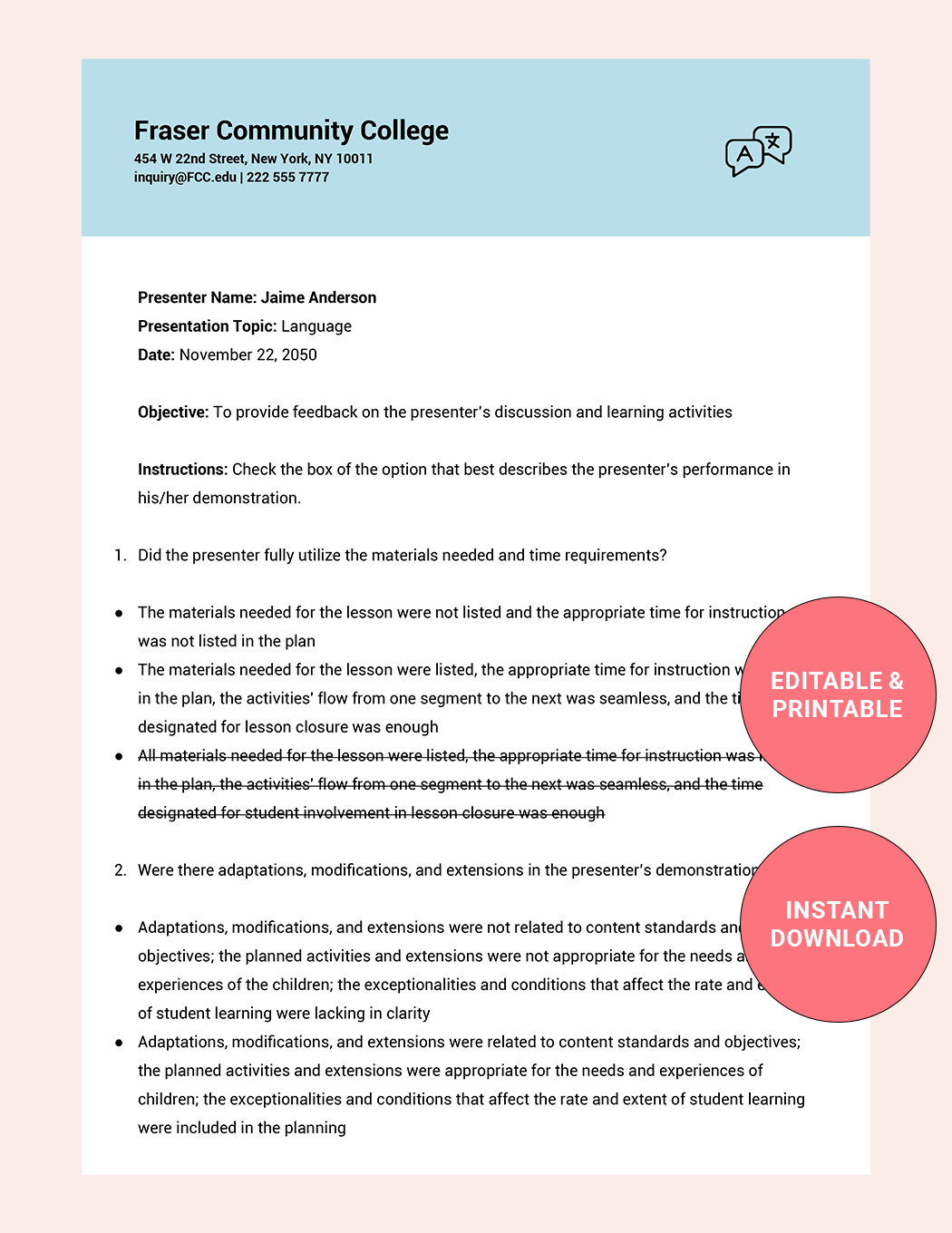 Free Lesson Evaluation Example Download In Word Google Docs Template