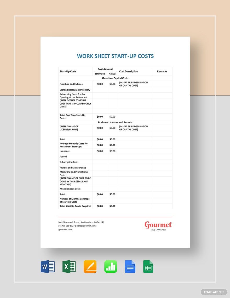 Restaurant Worksheet Start Up Costs Template Google Docs Google Sheets Excel Word Apple 
