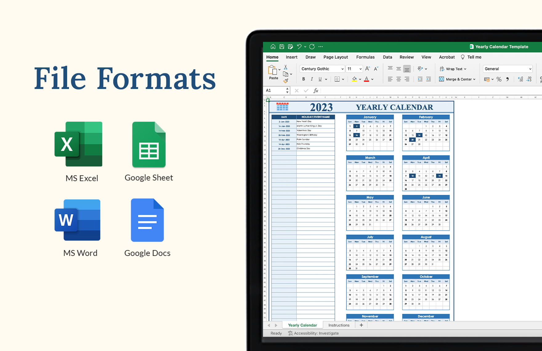Yearly Calendar Template - Google Docs, Google Sheets, Excel, Word ...