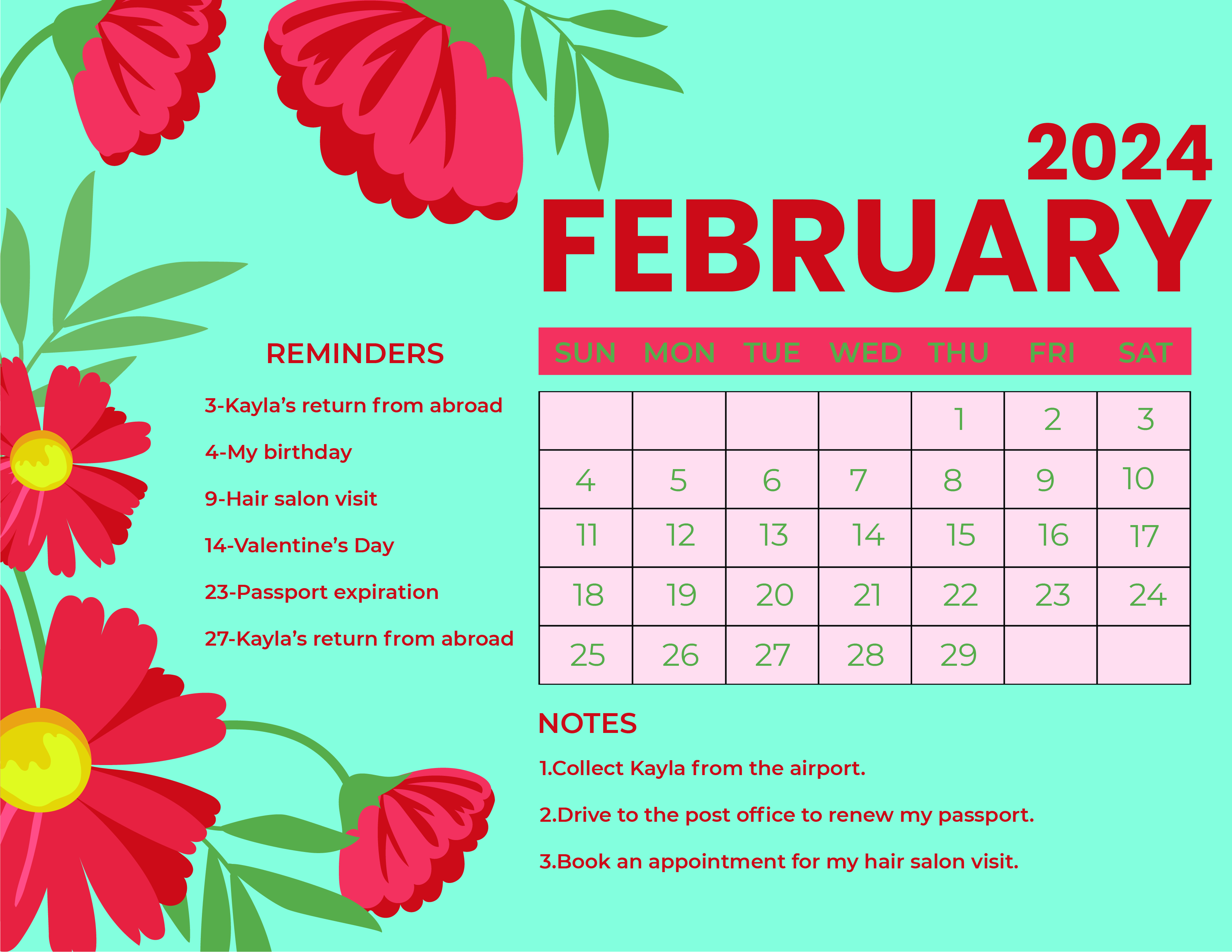 Pink February 2024 Calendar Download In Word Illustrator EPS SVG 