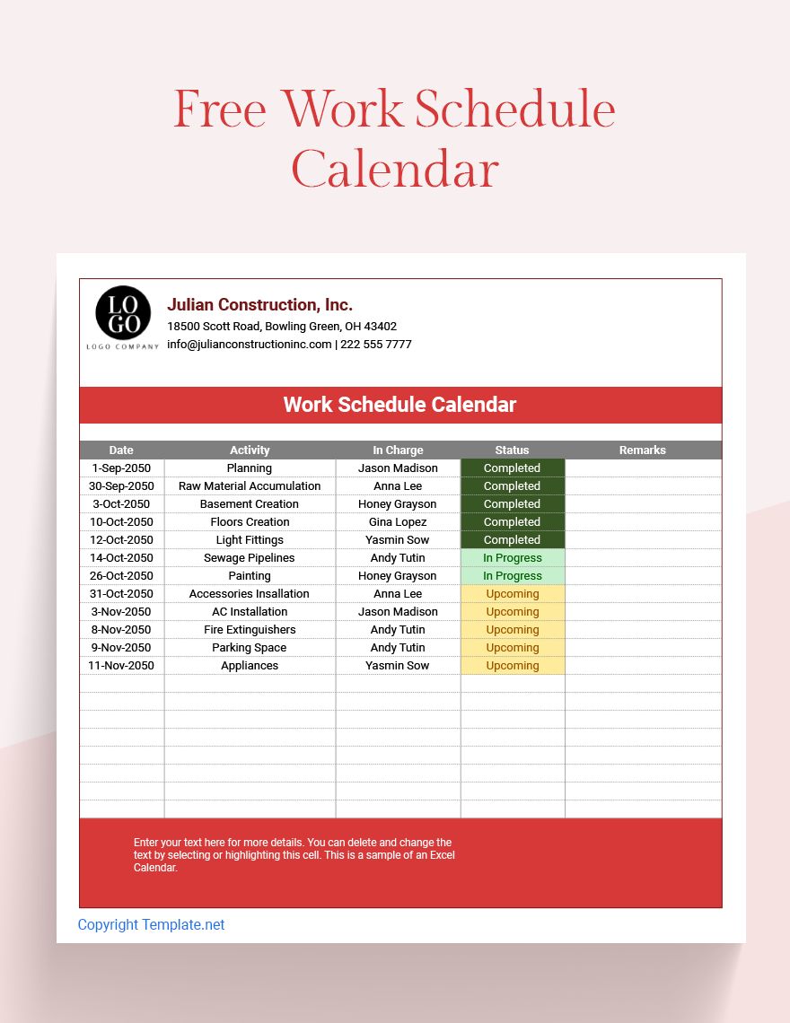 Free Work Schedule Calendar Google Sheets Excel Template