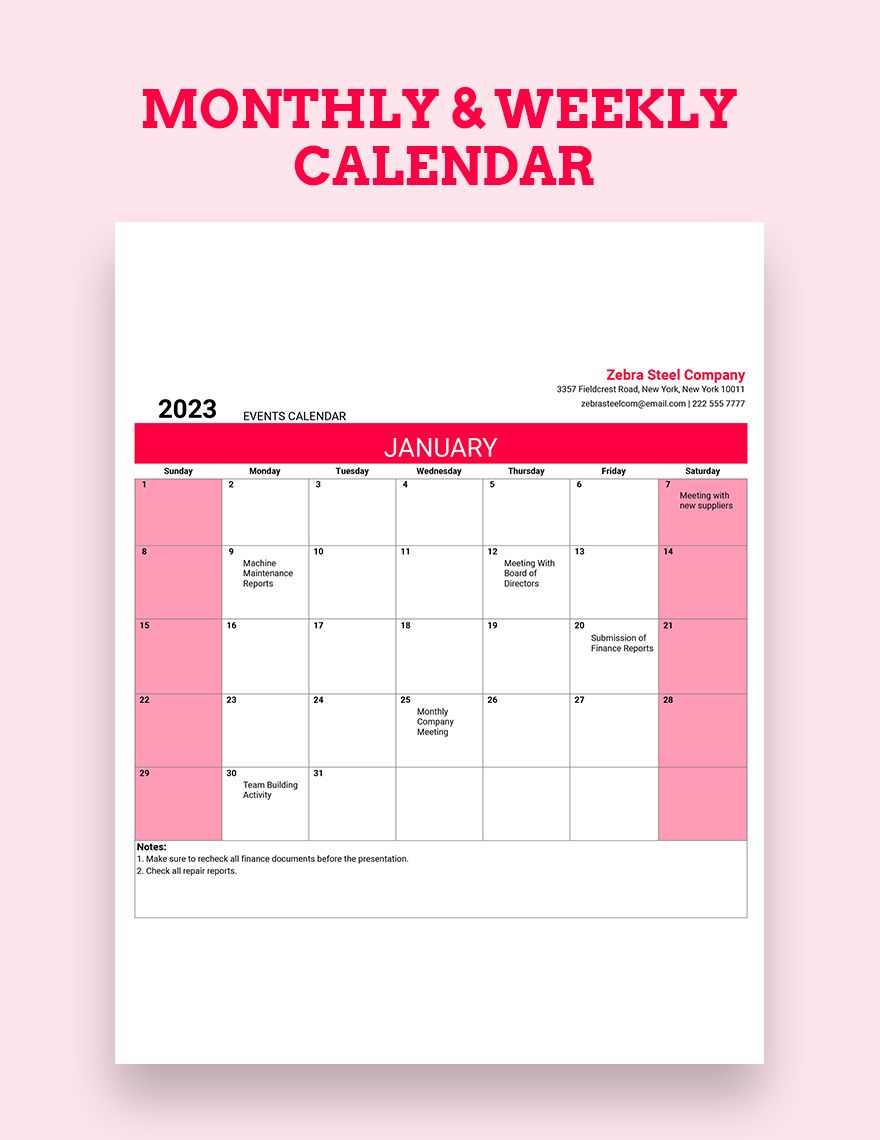 Monthly and Weekly Calendar - Google Sheets, Excel | Template.net