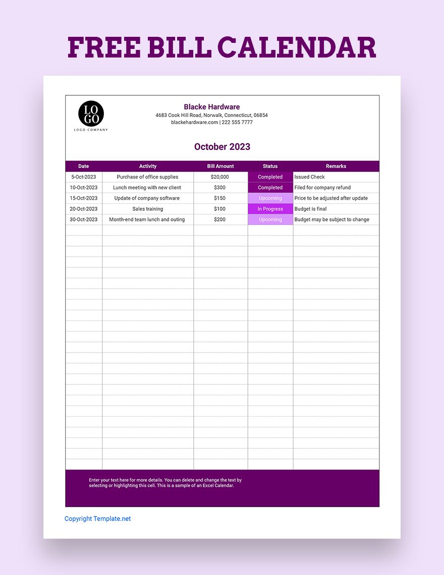 Free Bill Calendar Google Sheets Excel Template