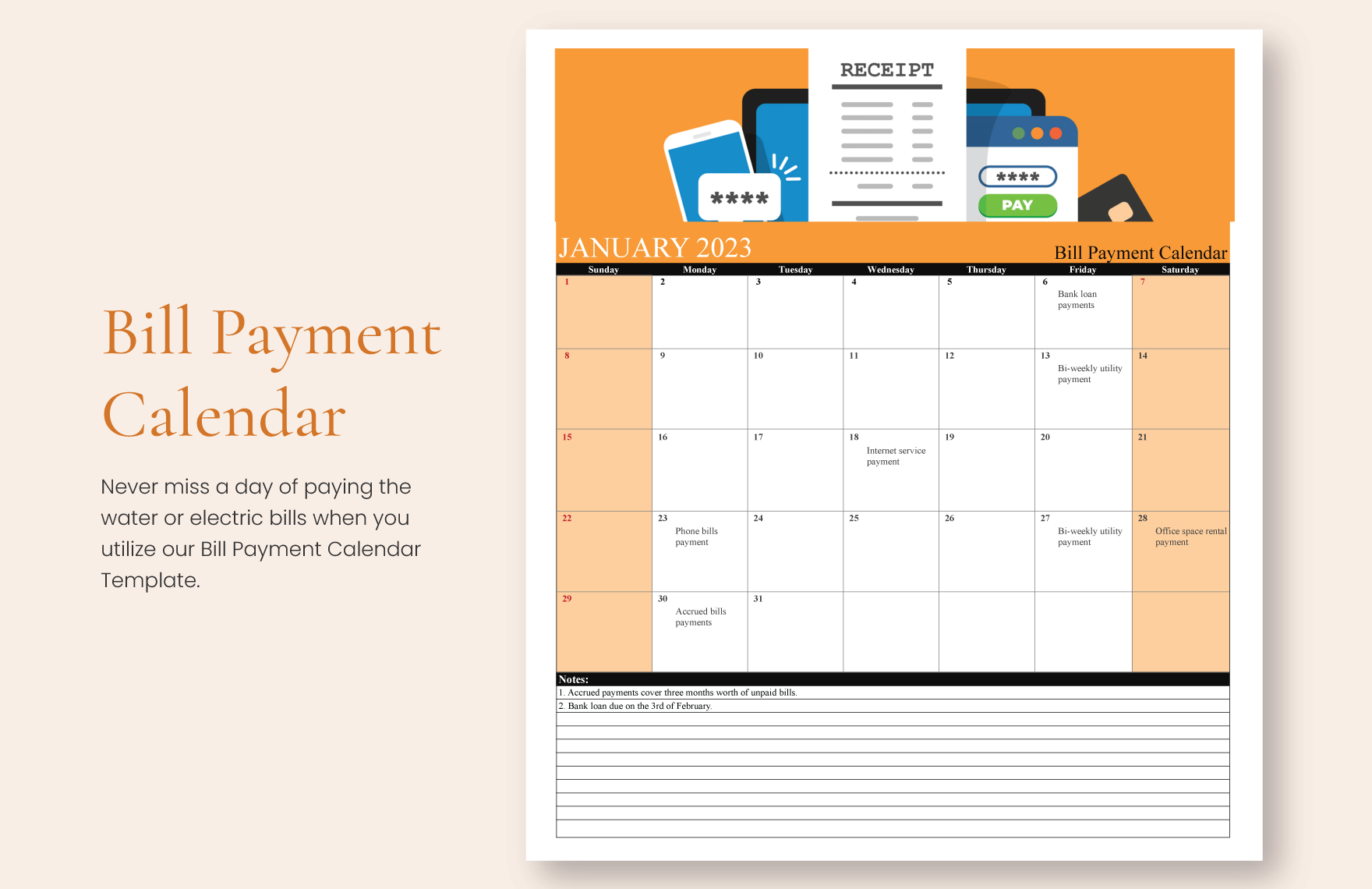 Bill Payment Calendar Google Sheets Excel Template