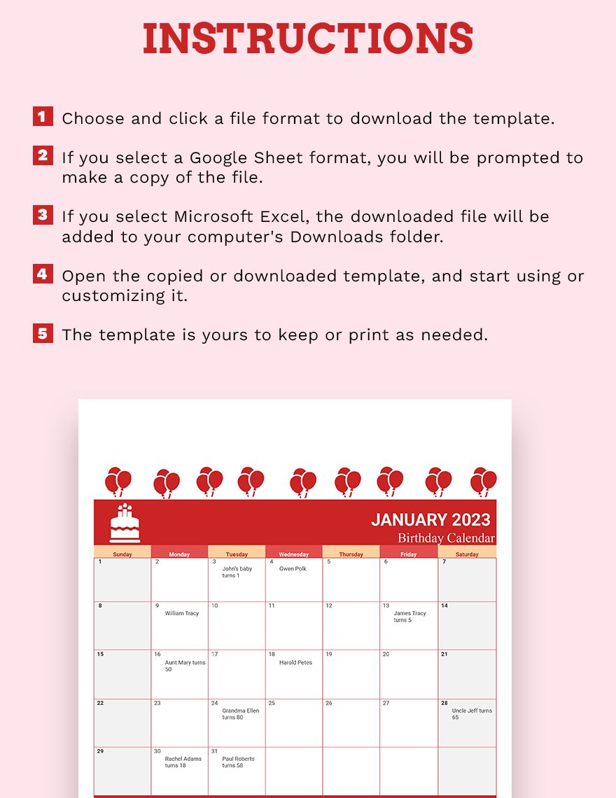 Birthday Calendar Excel Template - Google Sheets, Excel | Template.net