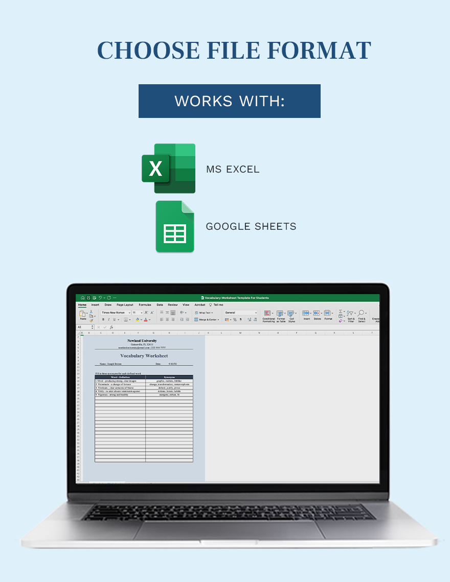 Vocabulary Worksheet Template For Students - Google Sheets, Excel ...