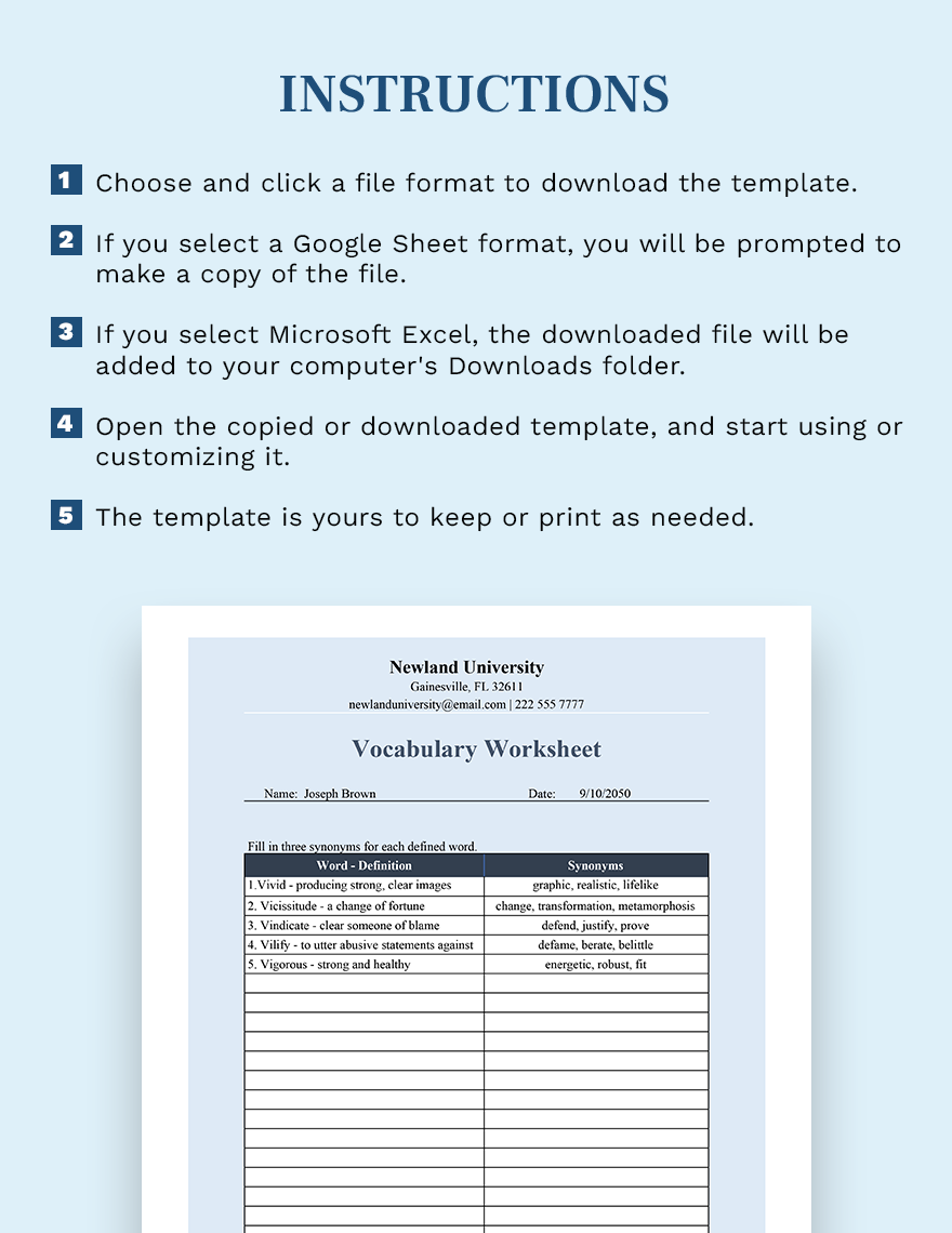 Vocabulary Worksheet Template For Students - Google Sheets, Excel ...