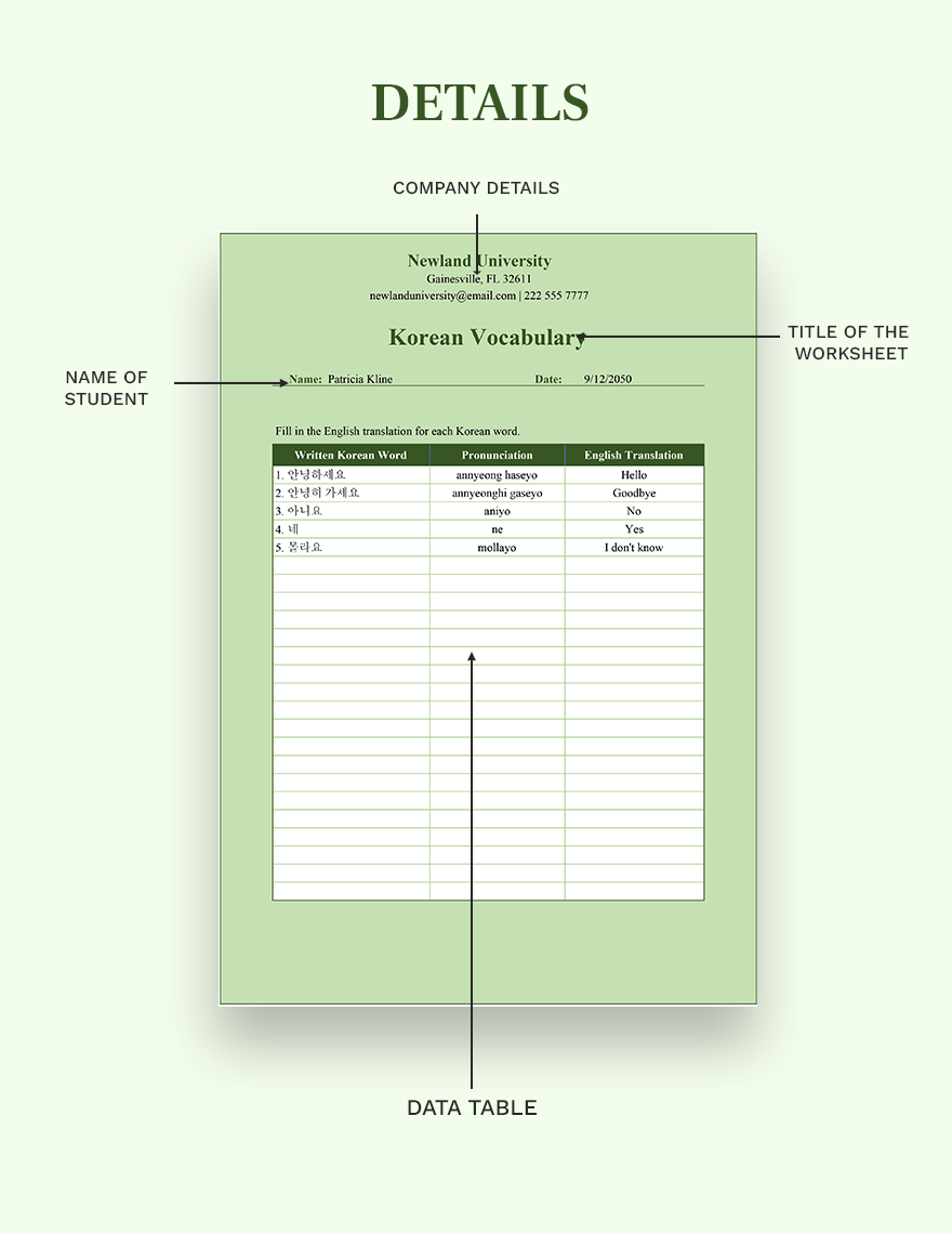 Korean Vocabulary Worksheet - Google Sheets, Excel | Template.net