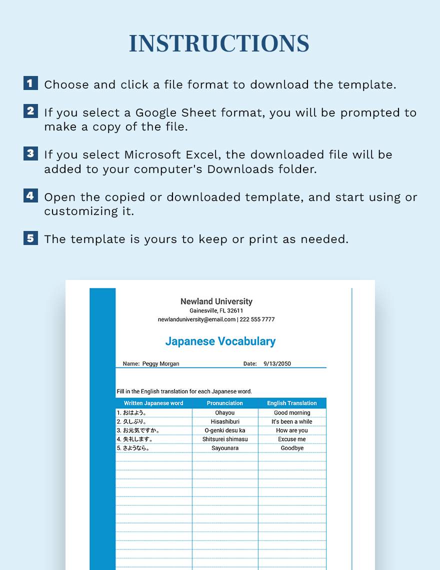 Japanese Vocabulary Worksheet - Download in Excel, Google Sheets ...