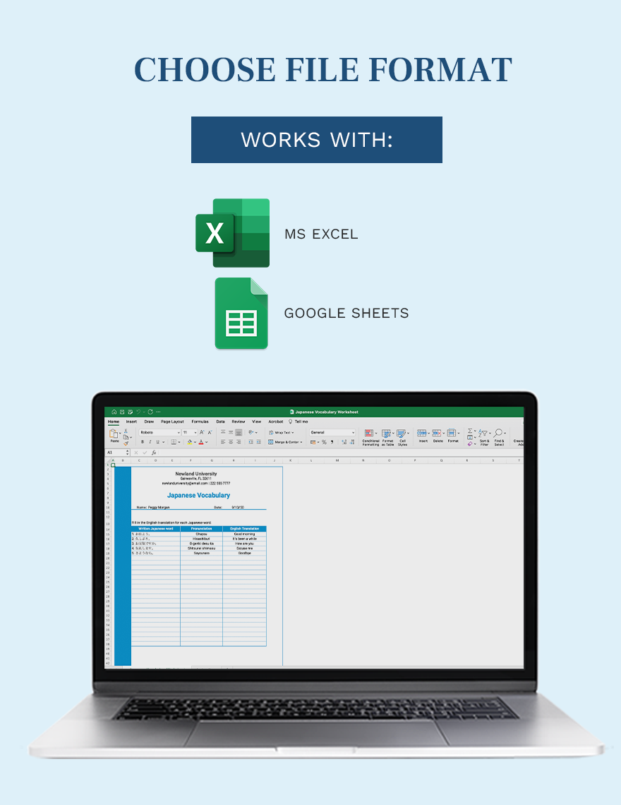Japanese Vocabulary Worksheet - Download in Excel, Google Sheets ...