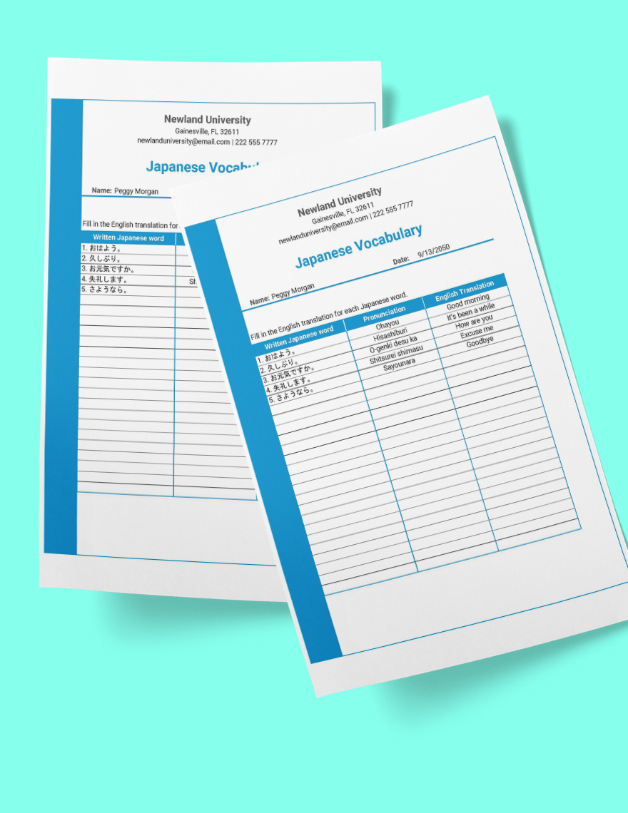 Japanese Vocabulary Worksheet - Google Sheets, Excel | Template.net