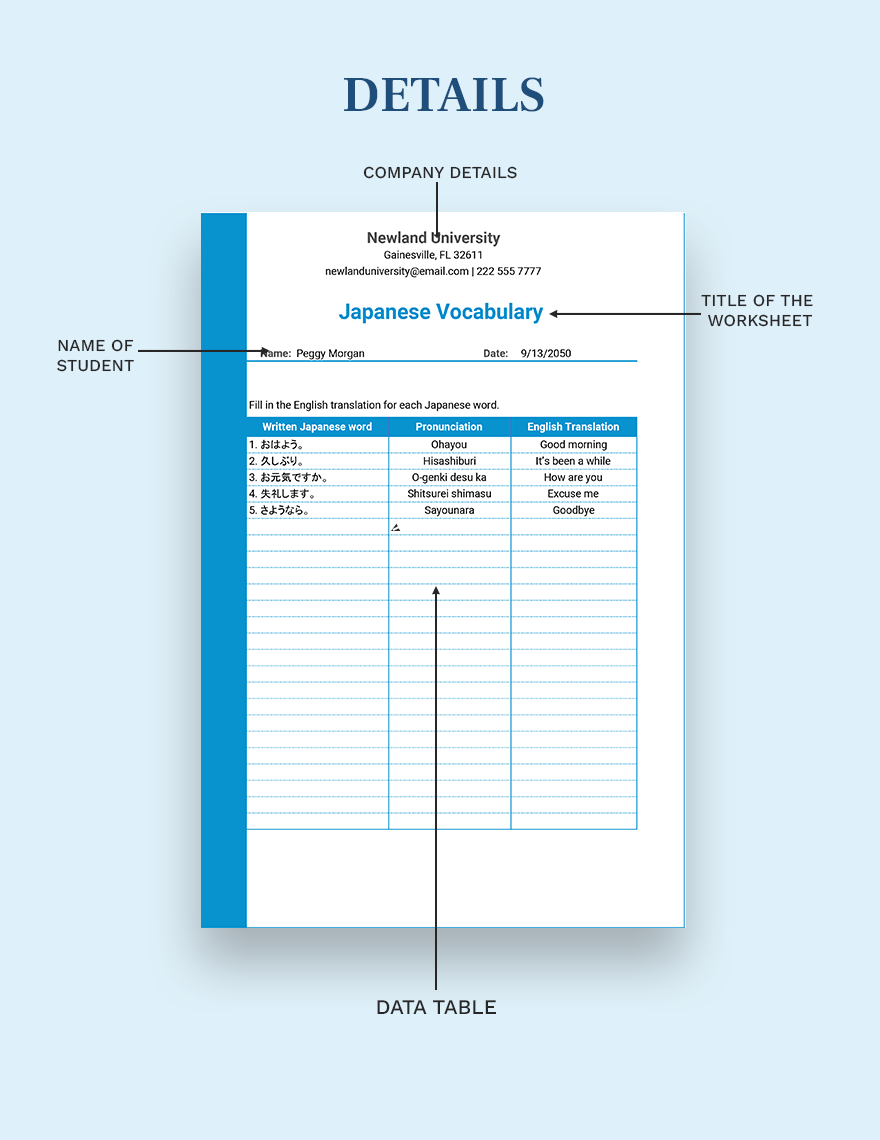 Japanese Vocabulary Worksheet - Download in Excel, Google Sheets ...