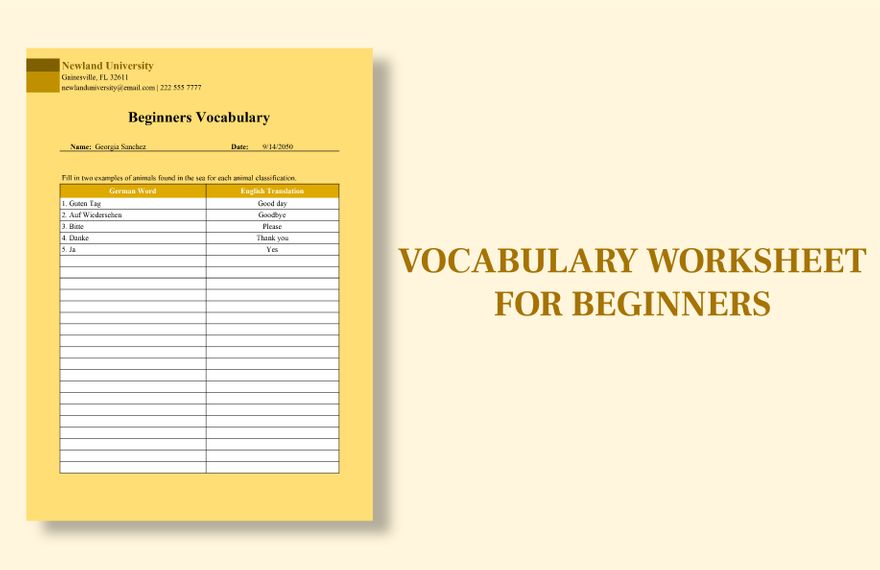 Vocabulary Worksheet for Beginners - Google Sheets, Excel | Template.net
