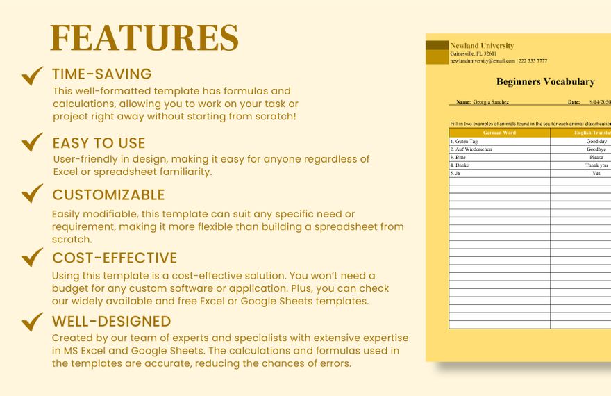 Vocabulary Worksheet for Beginners - Google Sheets, Excel | Template.net