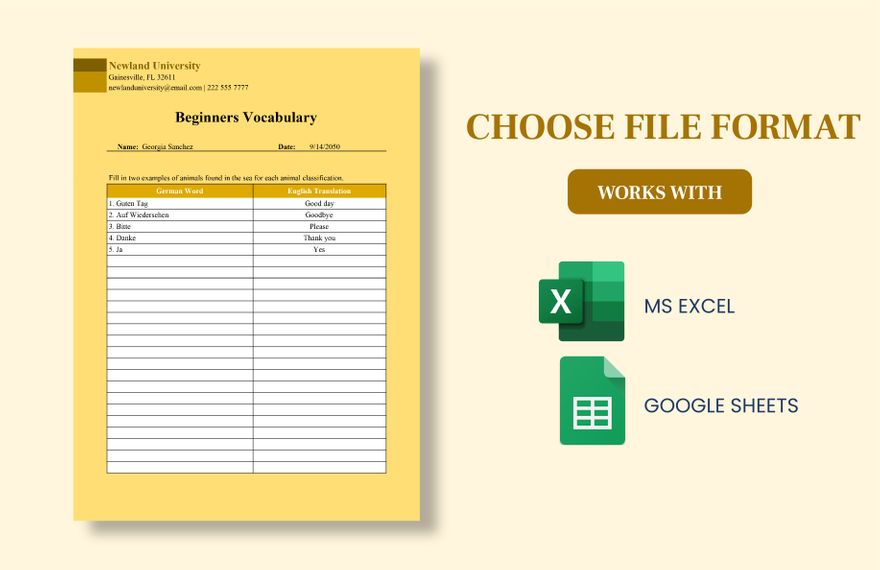 Vocabulary Worksheet for Beginners - Google Sheets, Excel | Template.net