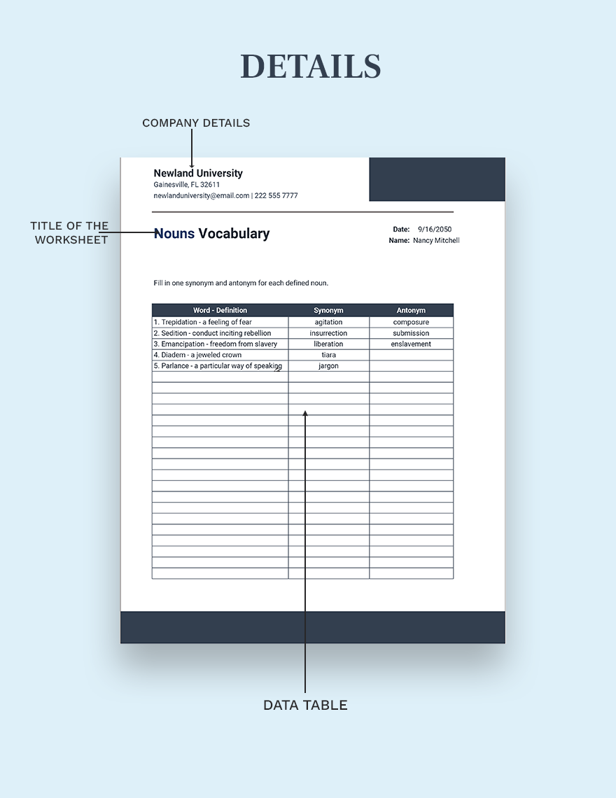Vocabulary Worksheet Template for Nouns - Google Sheets, Excel ...