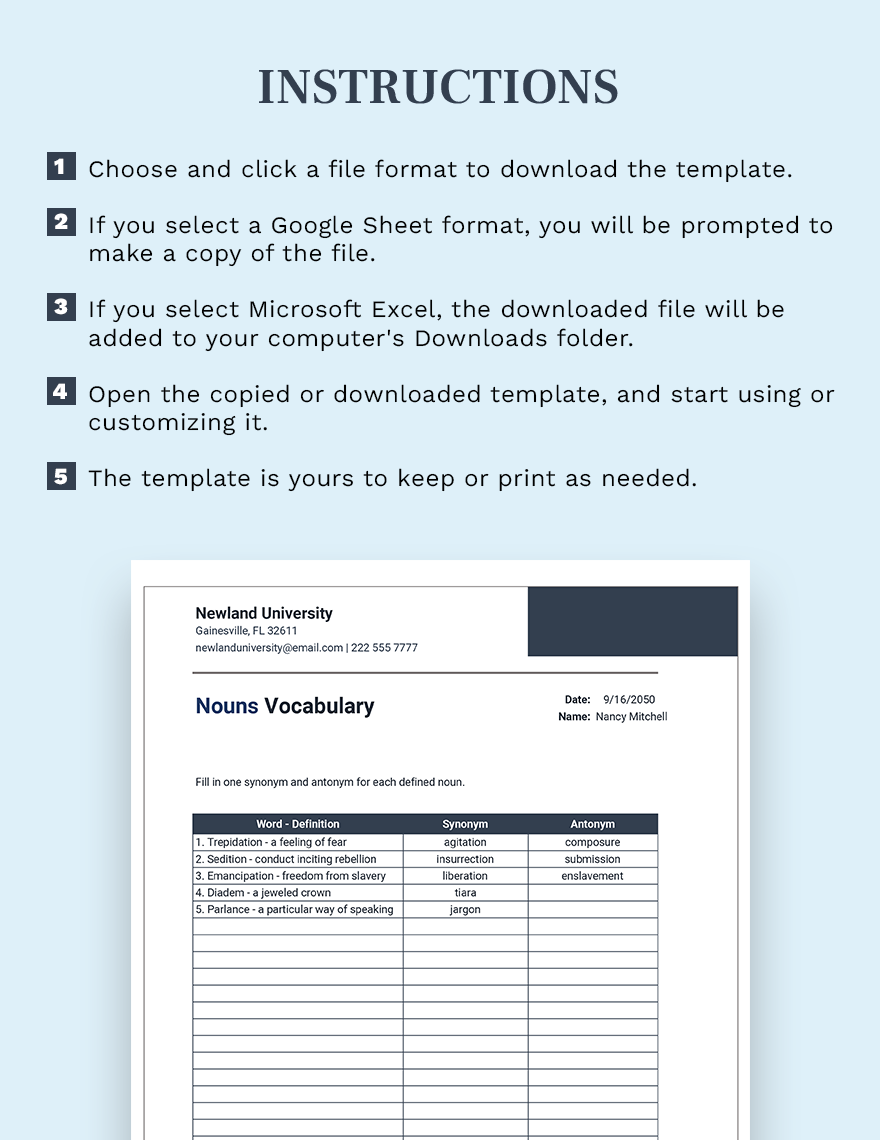Vocabulary Worksheet Template for Nouns - Google Sheets, Excel ...