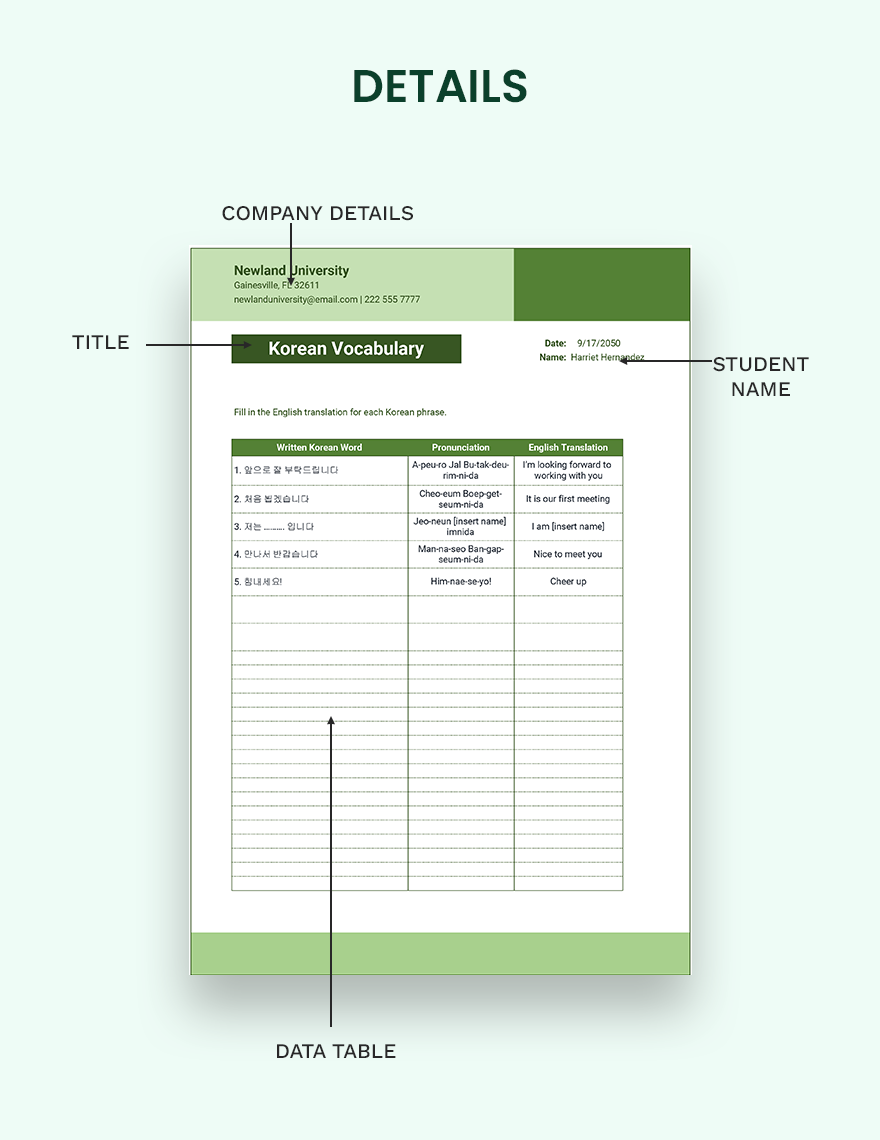 Learning Korean Vocabulary Worksheet Template - Download in Excel ...
