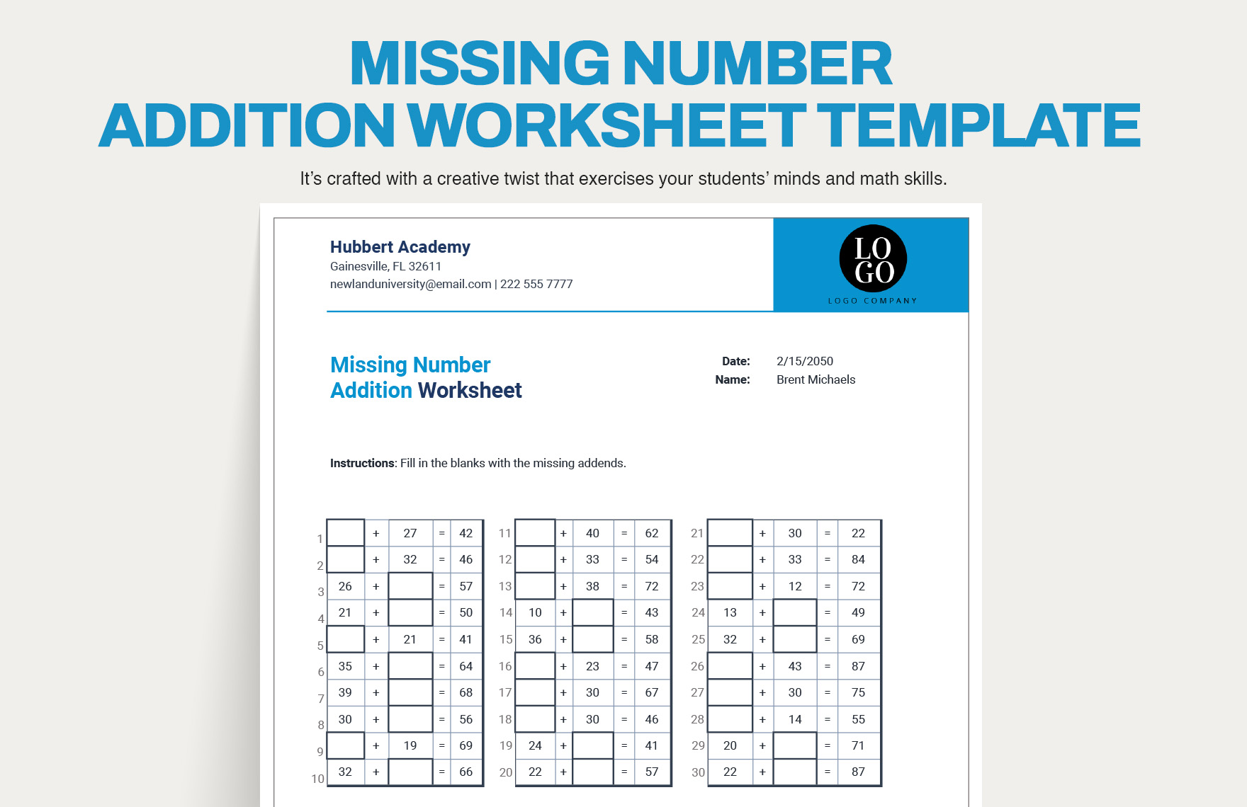 Missing Number Addition Worksheet In Excel Google Sheets Download