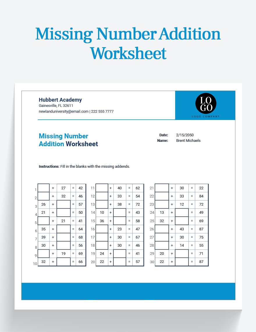 Missing Number Addition Worksheet Google Sheets Excel Template