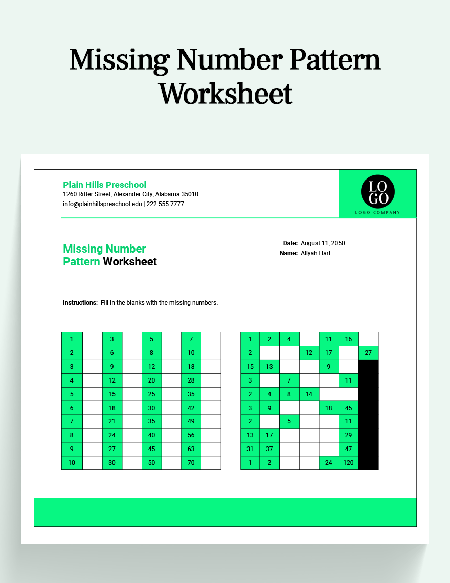 Missing Number Pattern Worksheet Google Sheets Excel Template