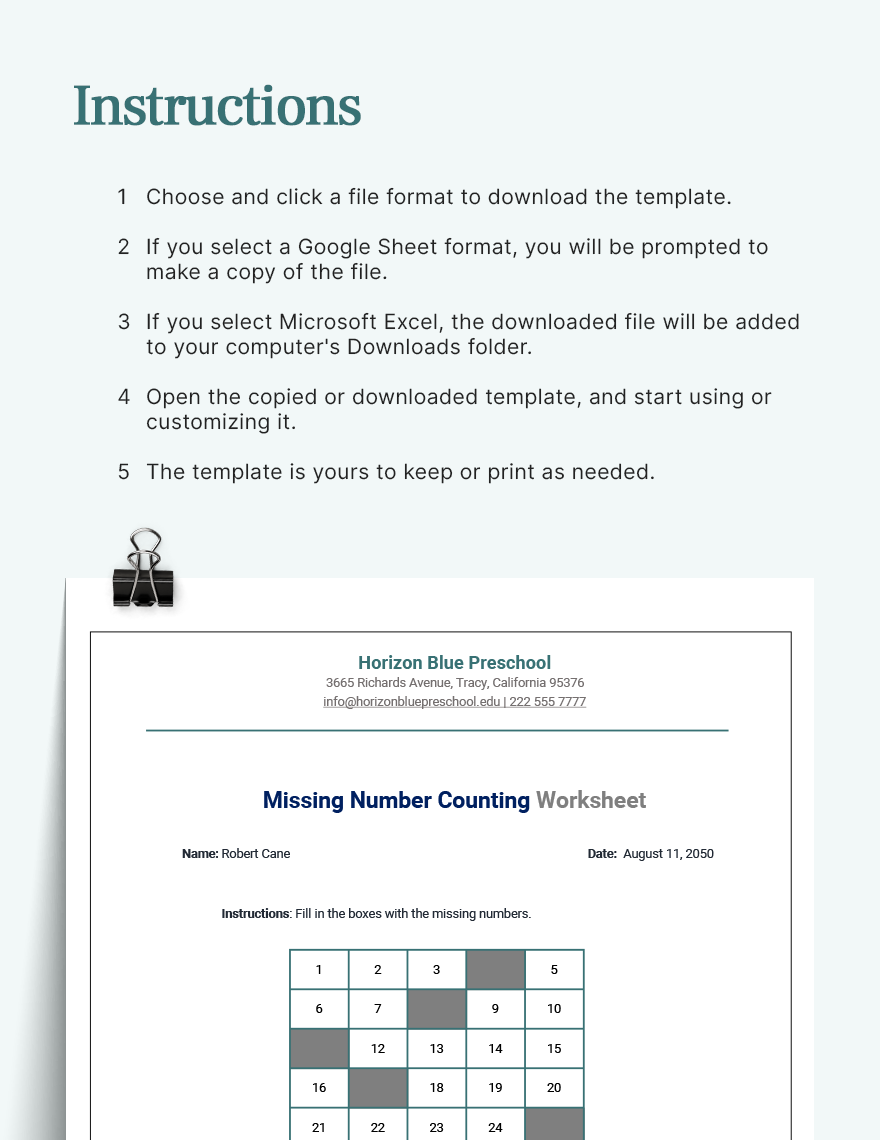 Missing Number Counting Worksheet - Google Sheets, Excel | Template.net