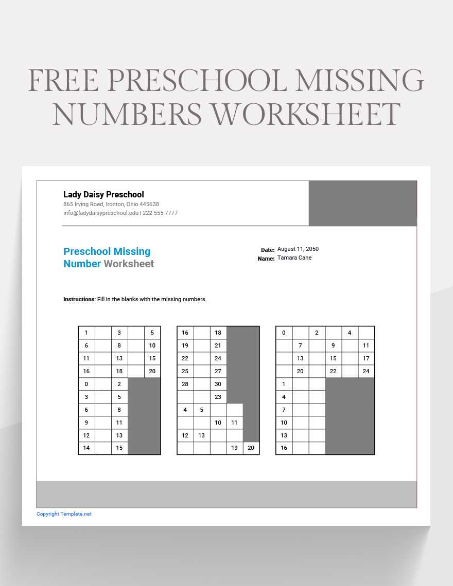 Free Preschool Missing Numbers Worksheet - Google Sheets, Excel ... Free Preschool Missing Numbers Worksheet - Google Sheets, Excel ...